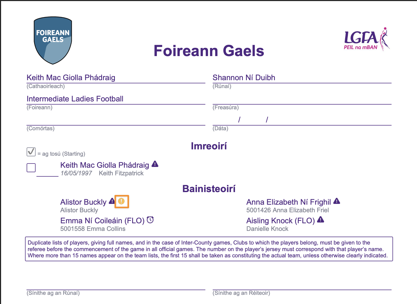 Downloading Team Sheets – Foireann Help Centre